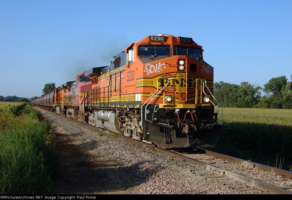 BNSF 5230, heads east with the Bayard local